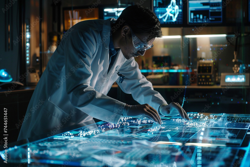 Engineer creating a futuristic hologram interface in a high-tech ...