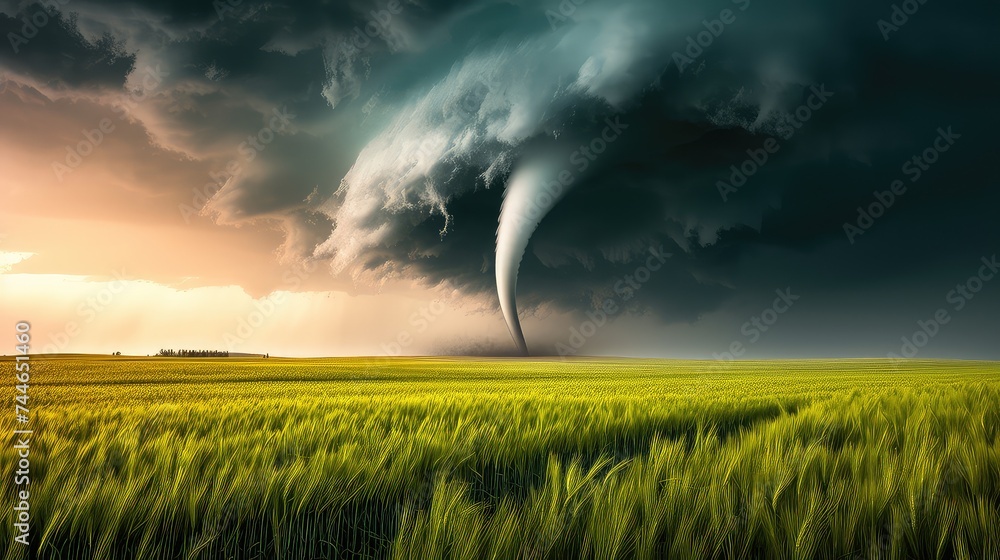 A huge tornado over an agricultural field. Disaster and threat of crop ...