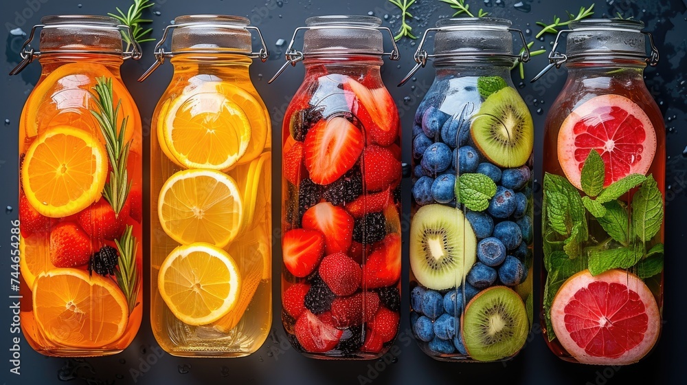 A row of glass bottles filled with colorful fruit infused water ...