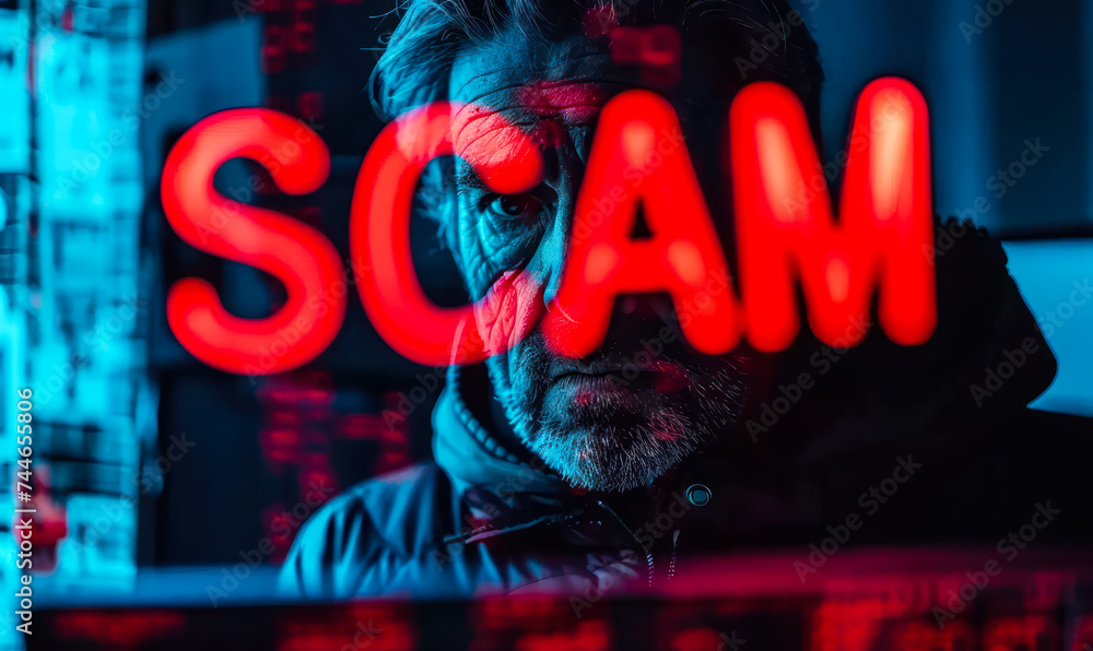 Cybersecurity threat concept with the word SCAM in bold red letters on ...