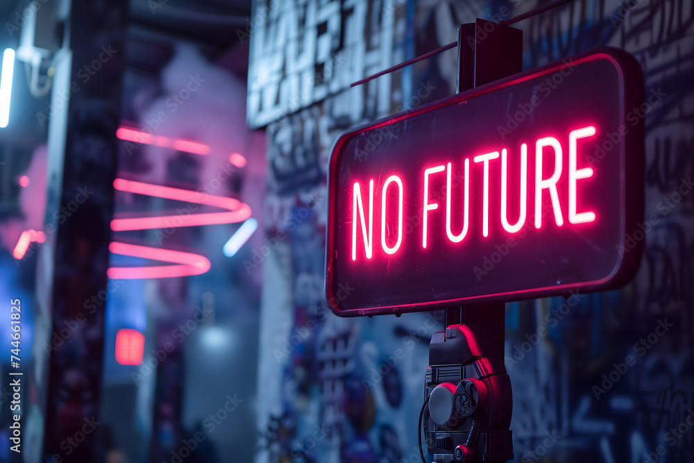 neon sign with words NO FUTURE in dystopian post-AI cyberpunk setting ...