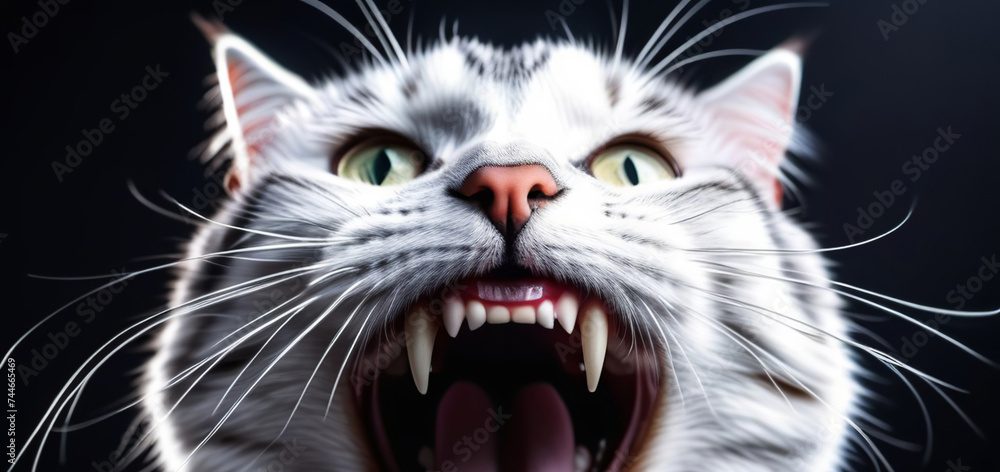 Angry cat muzzle close up. Aggressive animal concept. Evil feline snarling and looking furious ...