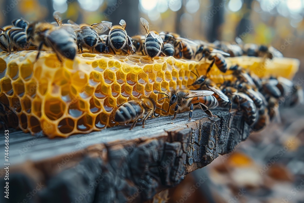 Vibrant yellow bees swarm around their honeycomb in the apiary, a ...