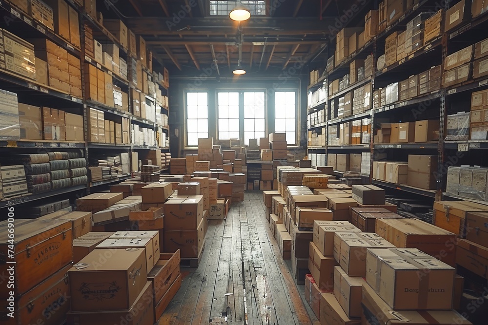 A cluttered warehouse aisle with overflowing shelves and countless ...