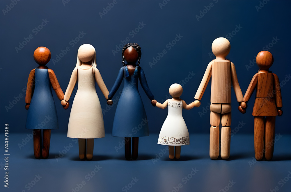 Wooden beautiful family members holding hands together. Parents hold ...