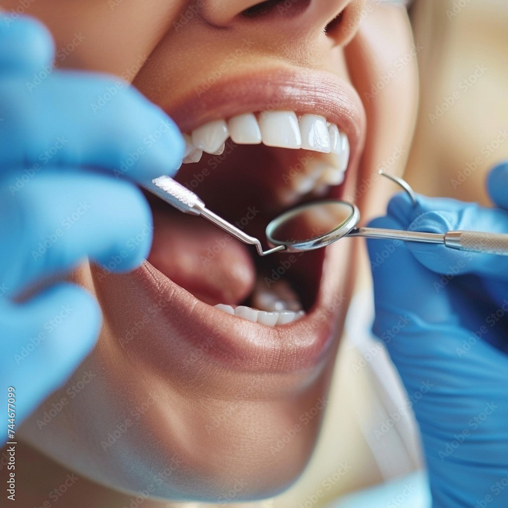 Dentist examining a patient's teeth in the dentist. Stock Photo | Adobe ...