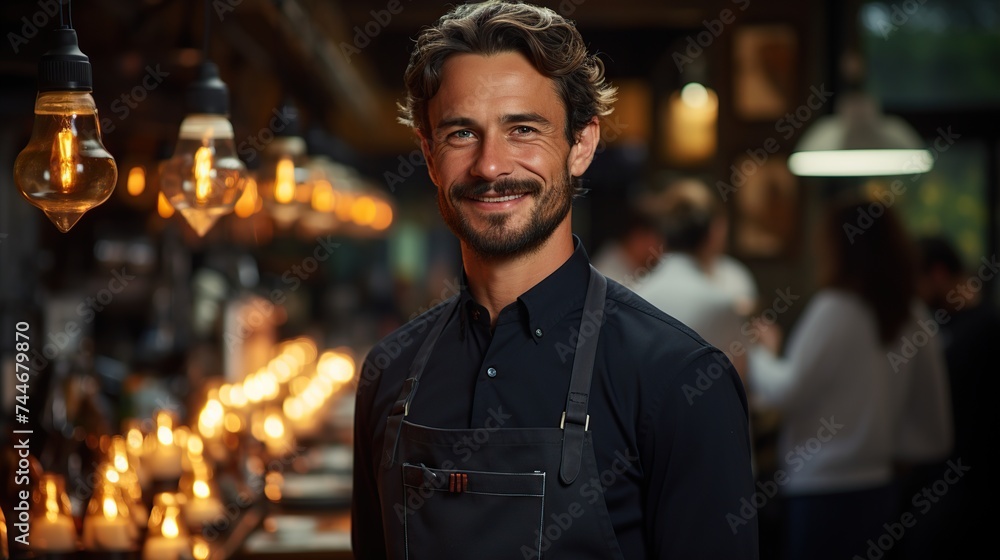 A charismatic chef with a friendly smile, standing proudly in the ...