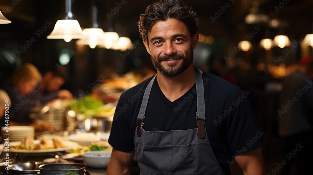 A charismatic chef with a friendly smile, standing proudly in the ...