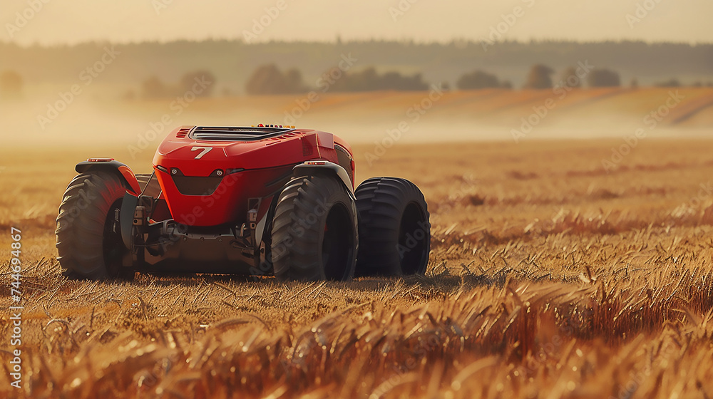Fully autonomous tractors, smart farming concept. A red autonomous tractor in a field of wheat ...