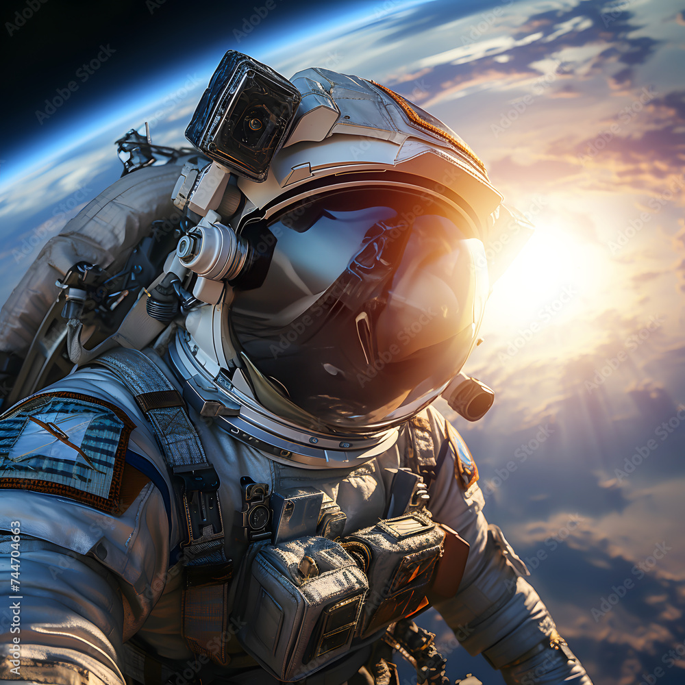An astronaut tethered to their spaceship, gazing out at the vastness of ...