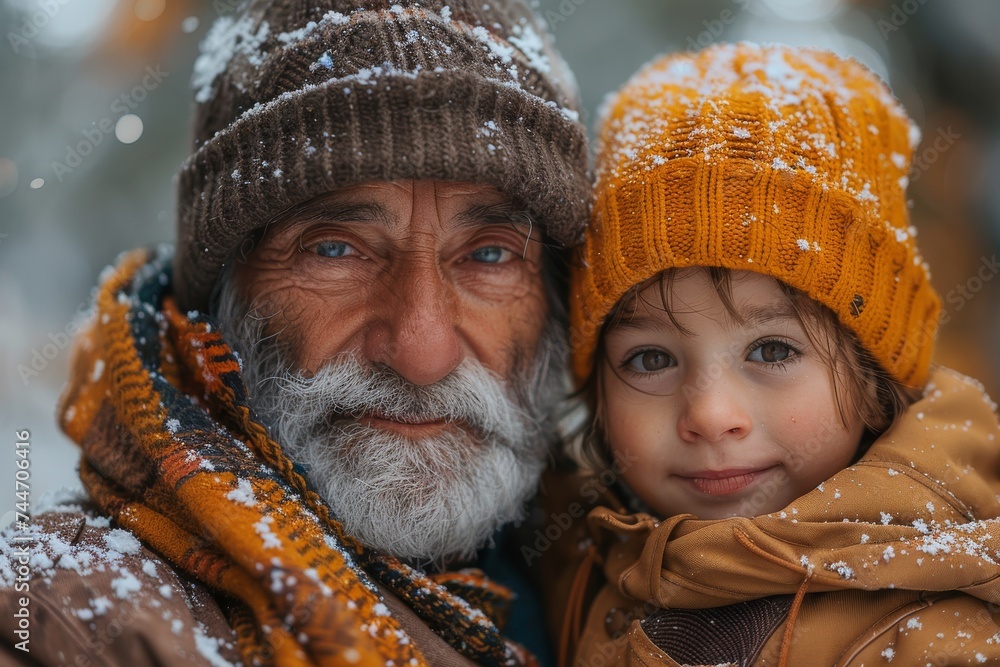 A father and his young daughter embrace the chilly winter air, adorned ...