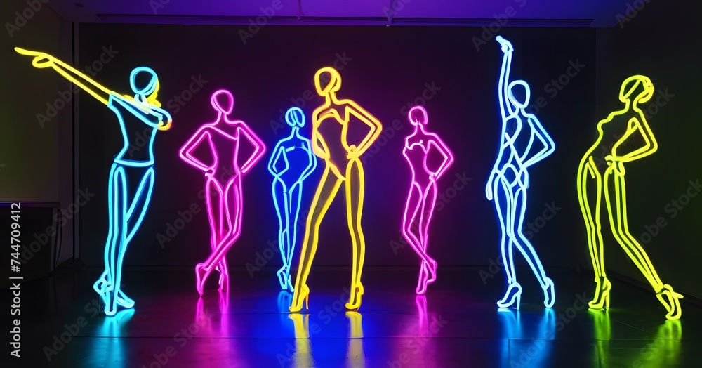 The image showcases a striking lineup of neon-lit mannequins in various ...