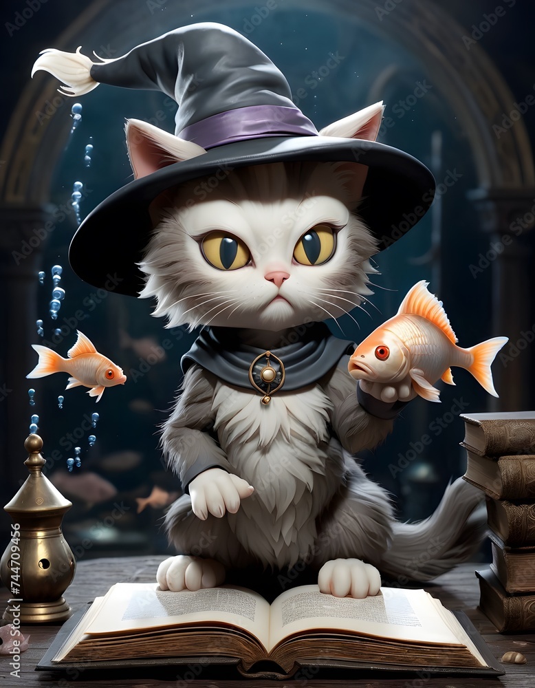 A fluffy kitten dons a wizard hat, casting a curious gaze upon an ...