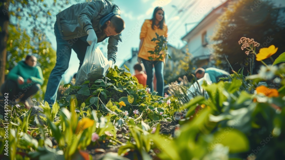 Volunteers peoples group cleaning up city square, Spring season ...