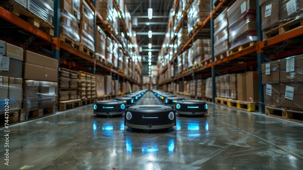 Software robots performing tasks in a warehouse with endless pallets of ...