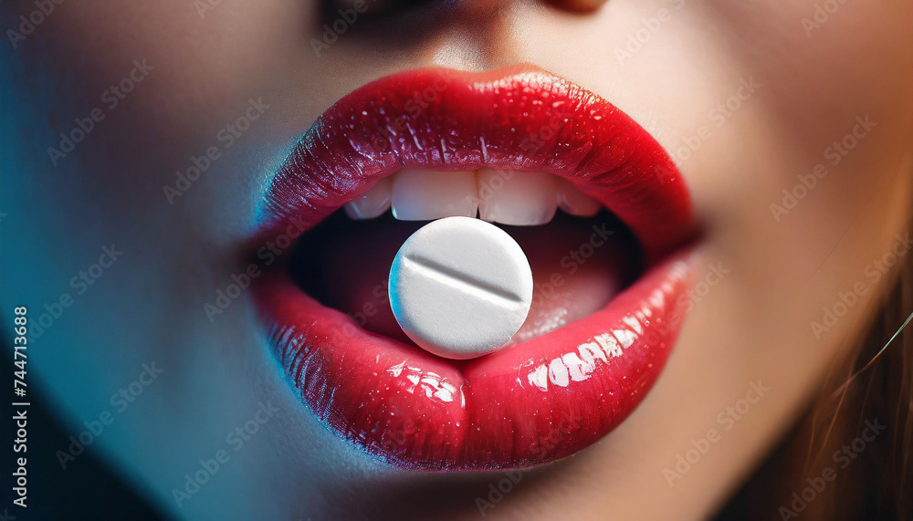 red lips gasping, holding pill, symbolizing drug dependency ...