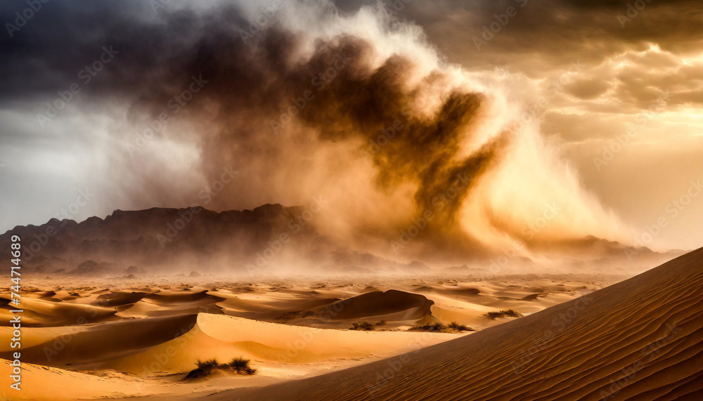 Digital art of a desert landscape engulfed in a dramatic sandstorm ...