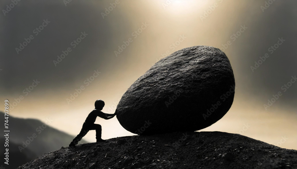 Silhouette pushing rock uphill, symbolizing resilience and perseverance ...