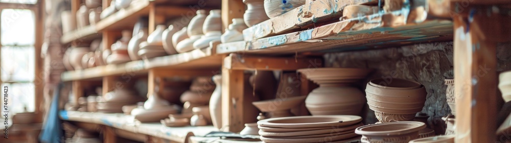 A pottery studio, where shelves are filled with clay pieces featuring ...