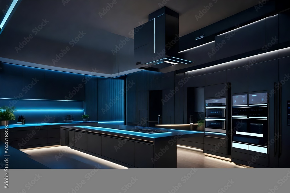A high-tech smart kitchen with voice-activated appliances, integrated ...