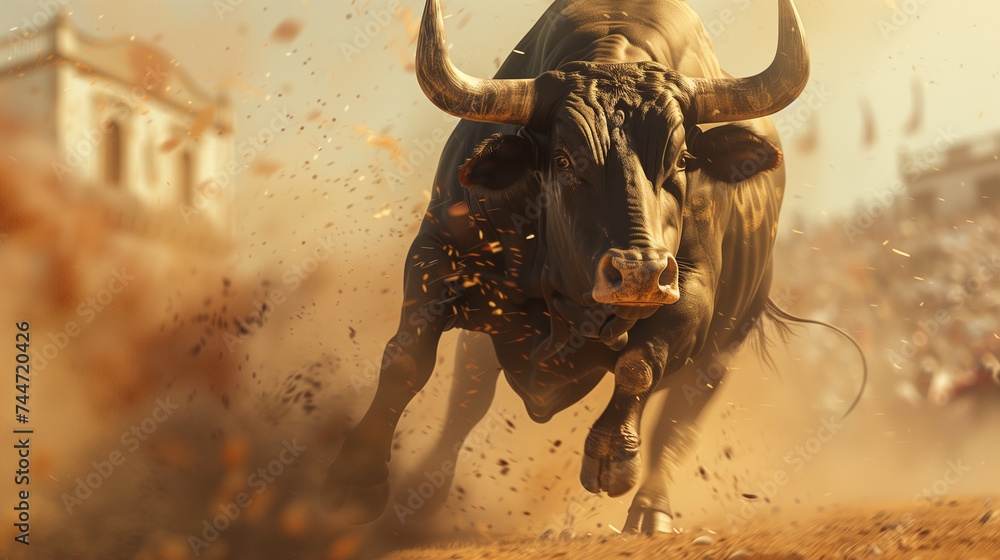 Intense Bull Charge, Dust Flying in Arena, Dynamic Action of ...