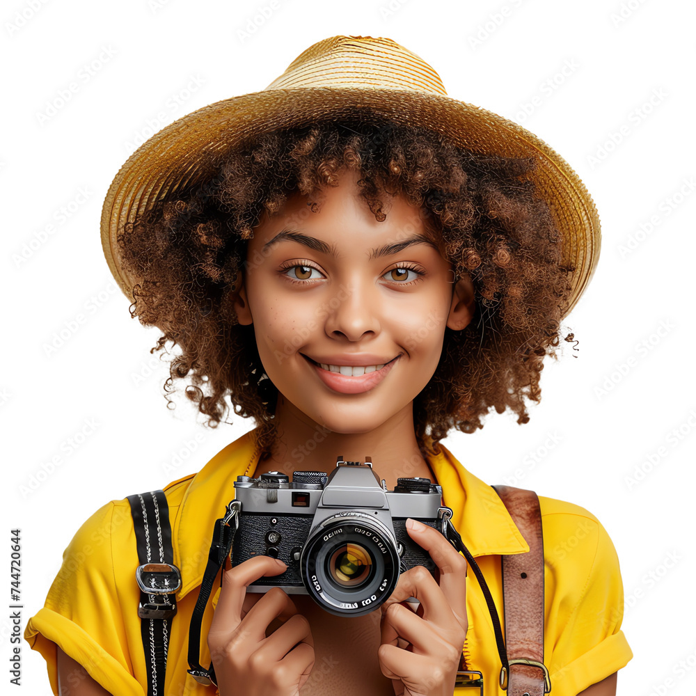 A cheerful portrait photo of a mixed race female photographer on a transparent background. A ...