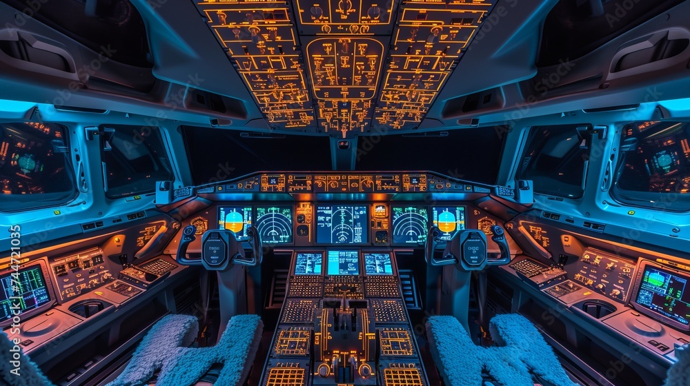 Civil airplane cockpit interior with pilot seats and control panel in ...