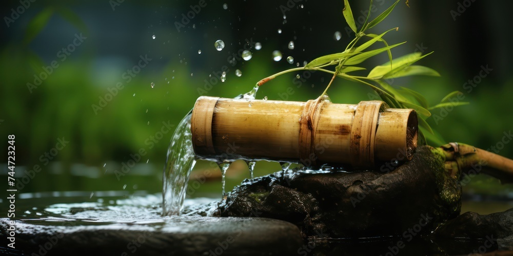 Bamboo Pipe Dripping Water into Small Vessel Natural Water Collection ...