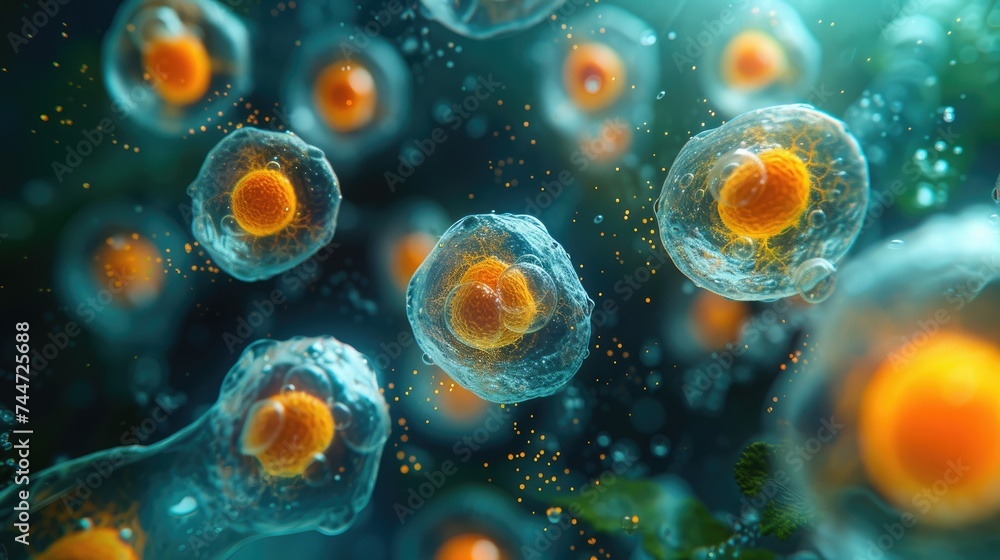 Highly detailed depiction of cells with orange nuclei floating in a ...