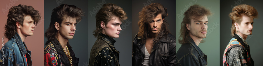 Set of 1980s fashion young men - mullet hairstyle - pop culture - funny ...
