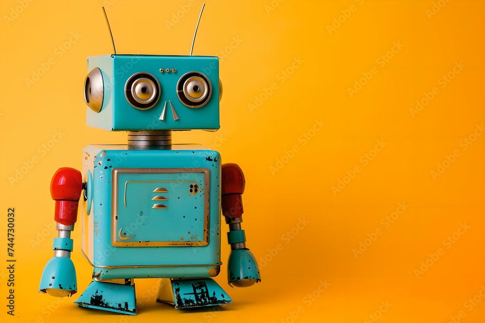 Vintage toy robot standing on a yellow background. Retro style, 50s and ...