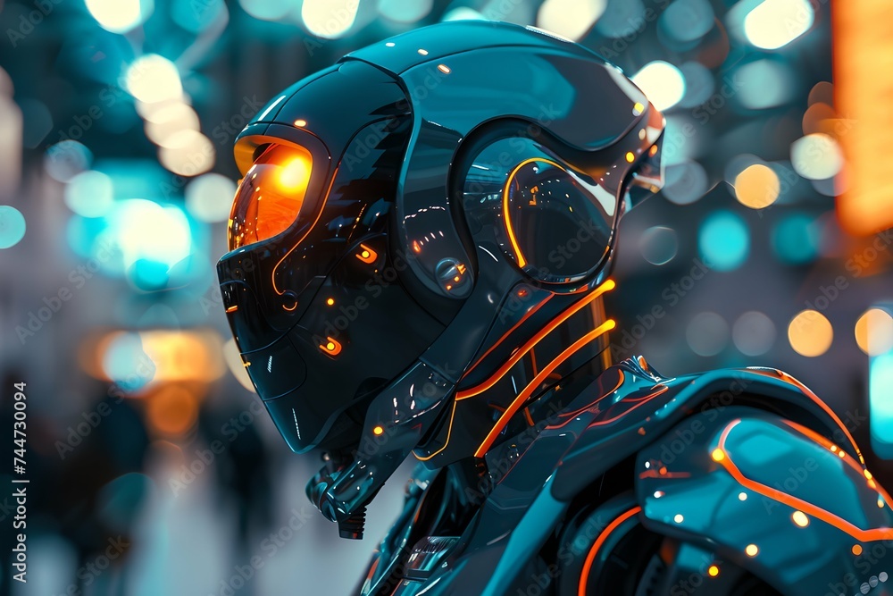 Futuristic robot with illuminated orange visor. Artificial intelligence ...