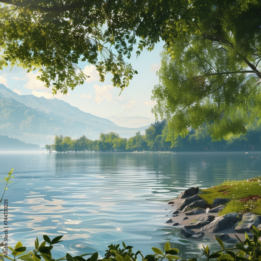 A serene lakeside picnic spot where a family enjoys a peaceful ...