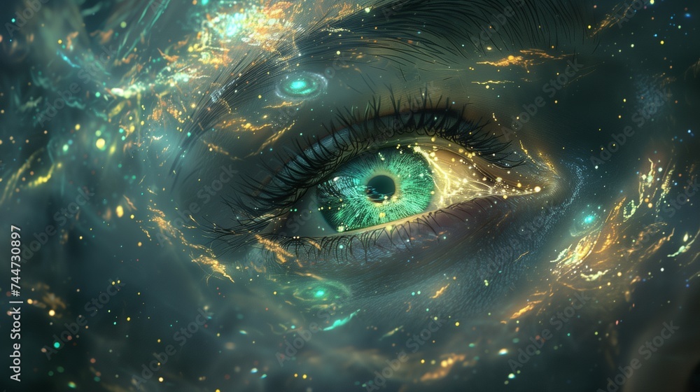 the star-studded sky of a celestial realm, a celestial being with ...