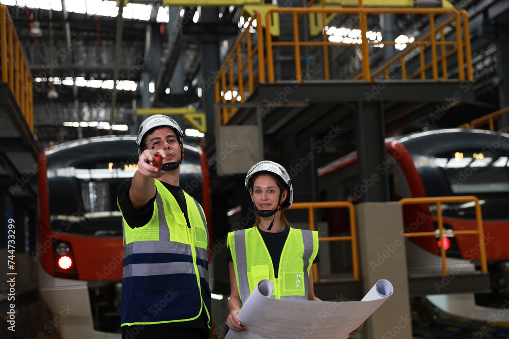 Male and female rail engineers working with blueprint drawing in ...