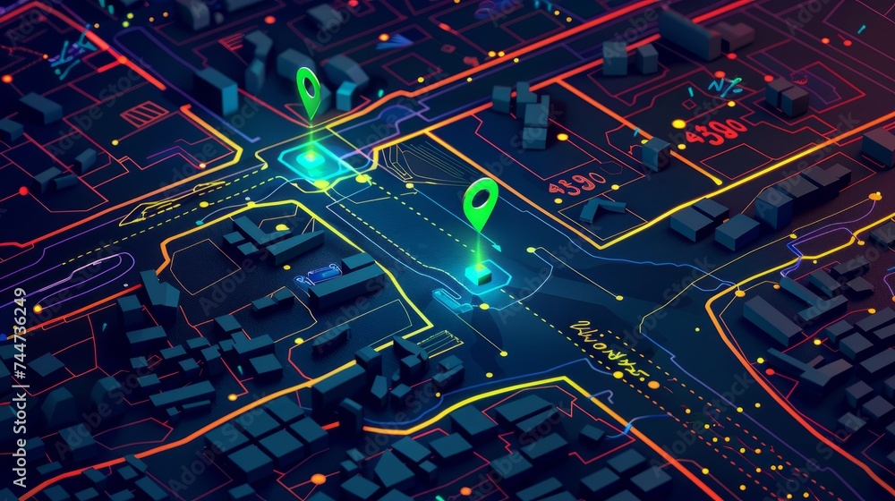 Discover the world: isometric city map with gps pins on black ...