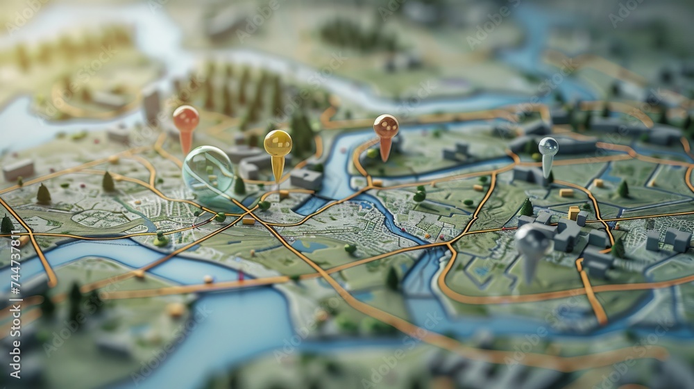 Dark and eerie 3d rendering of a mysterious road map with pin pointers ...