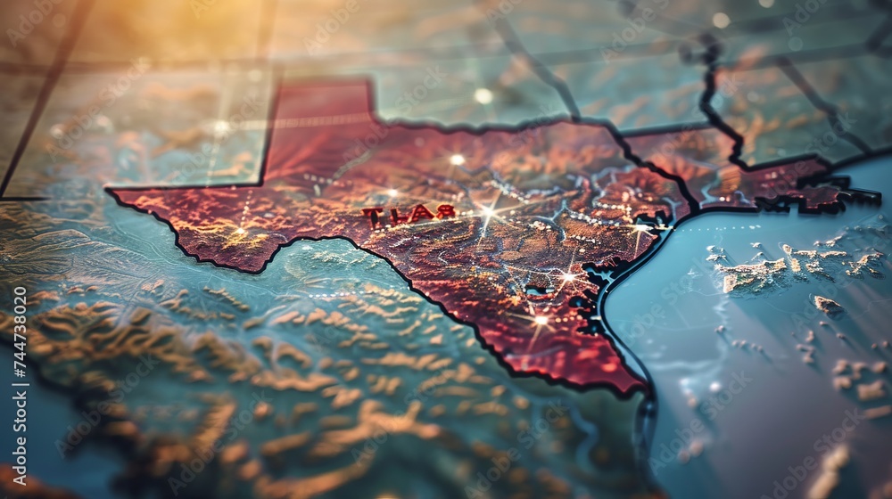 Vibrant texas state highlighted in striking red on detailed 3d map of ...
