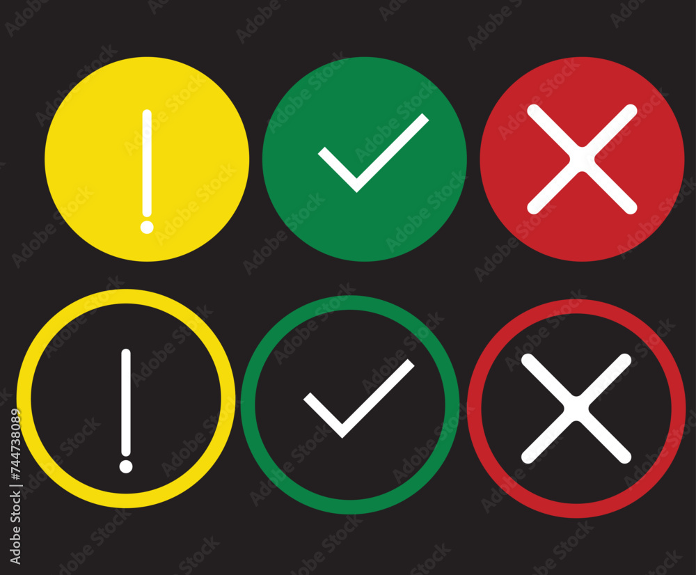 Set of flat round check mark, exclamation point, X mark icons, buttons on white background.Green ...