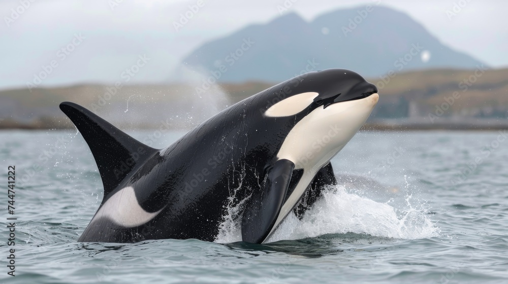 Orca Whale Breaching in Wild Ocean Landscape Stock Illustration | Adobe ...