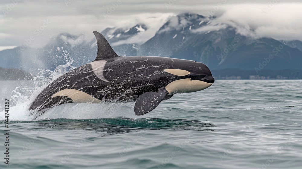 Orca Whale Breaching in Wild Ocean Landscape Stock Illustration | Adobe ...