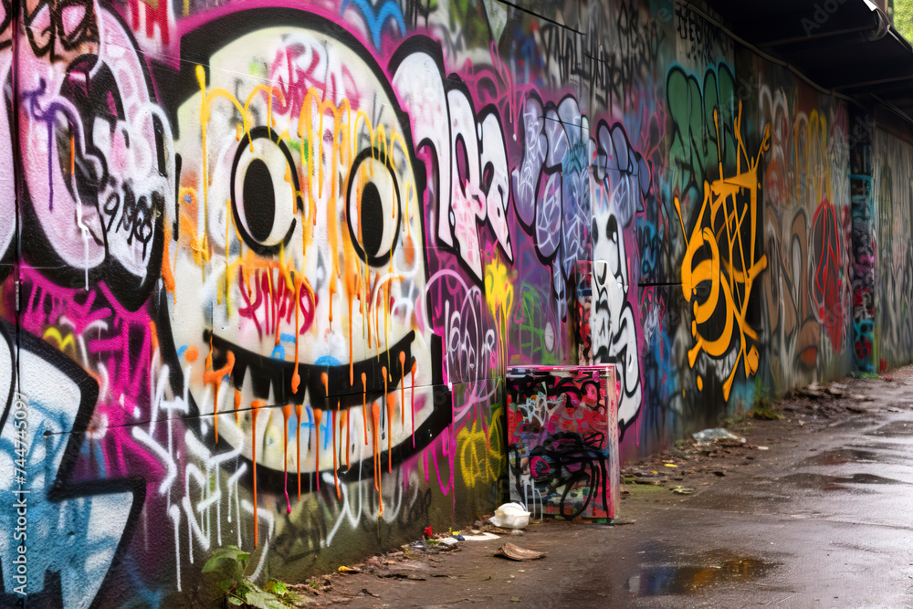 Smiley face graffiti on street wall showcasing art paint Stock Photo ...