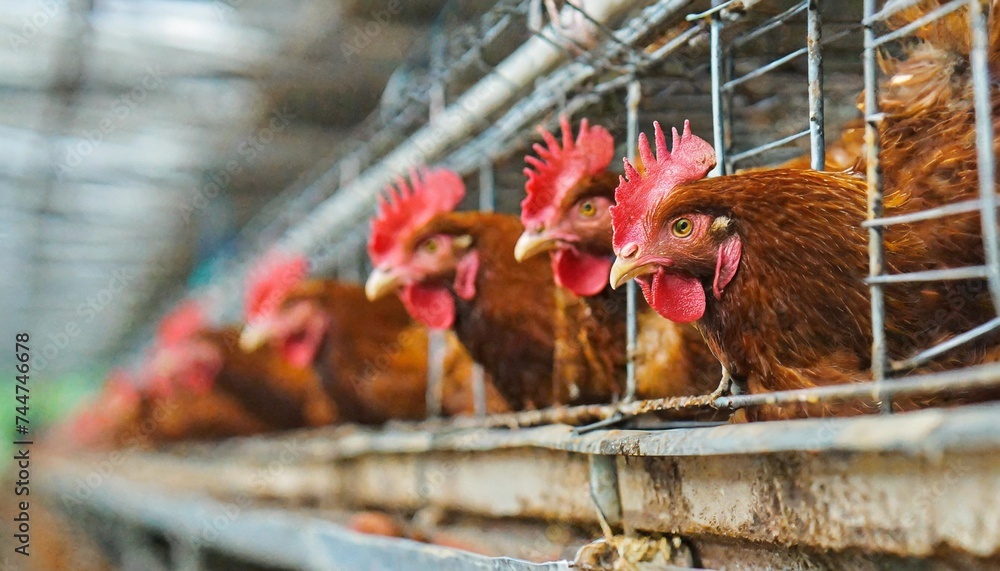 egg production brown or red chickens are seated in special cages ...