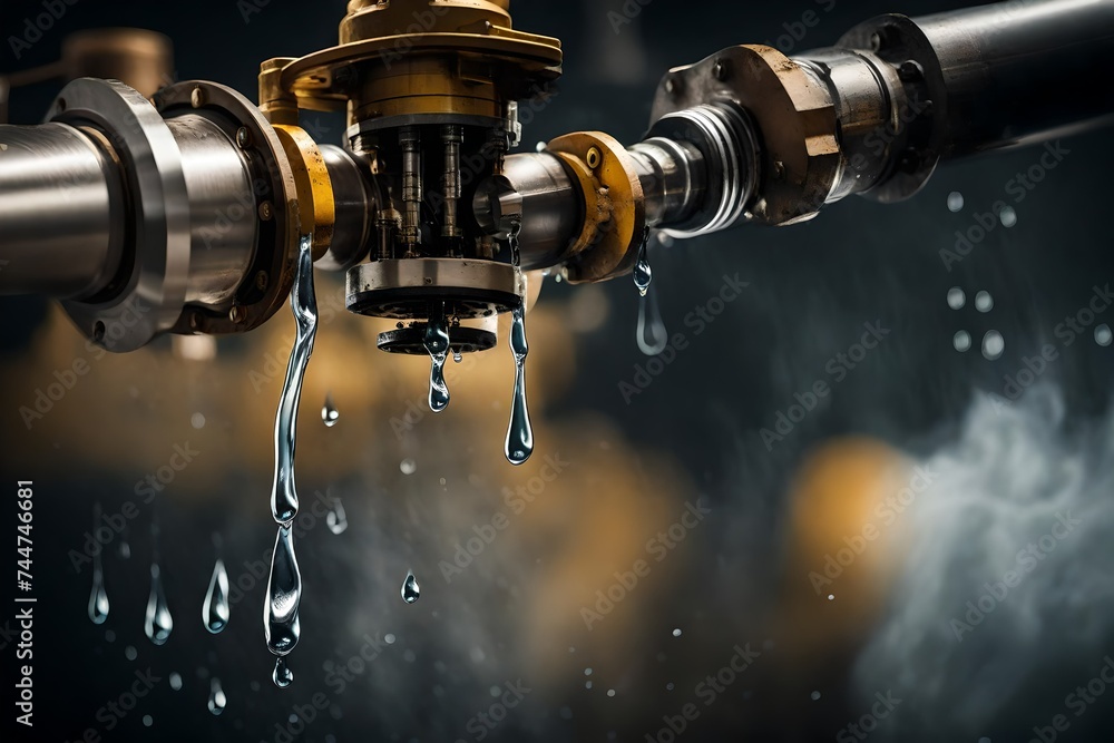 A close-up shot of a valve releasing pressurized oil with droplets ...