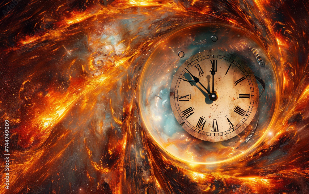 Time travel visualized through a minimalist clock face dissolving into ...