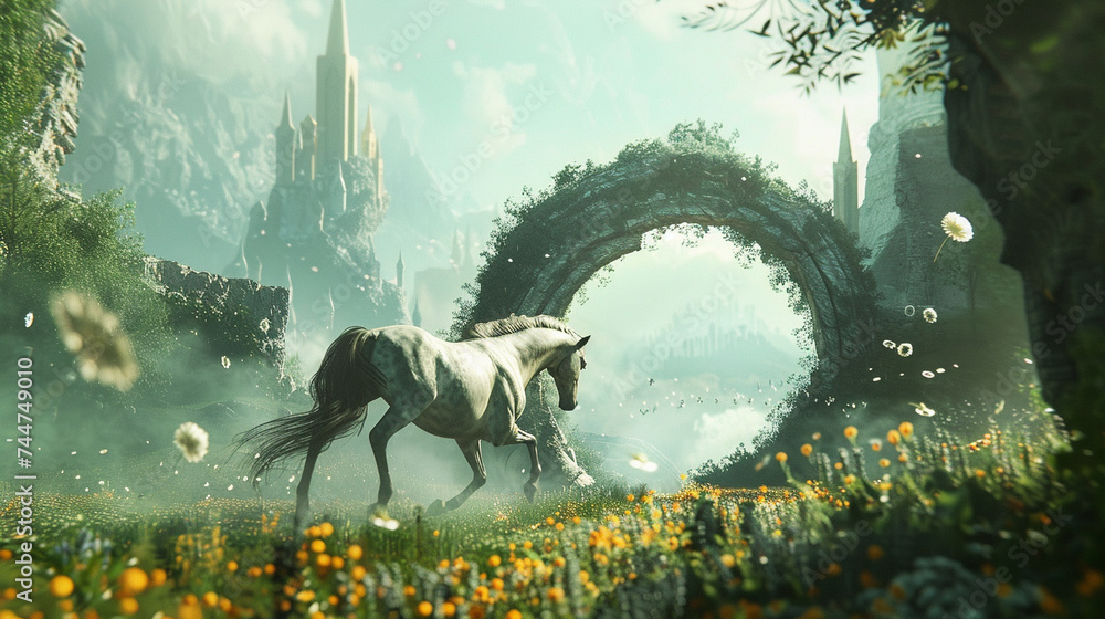 Unicorn galloping towards a mystic portal with the Elven kingdoms ...
