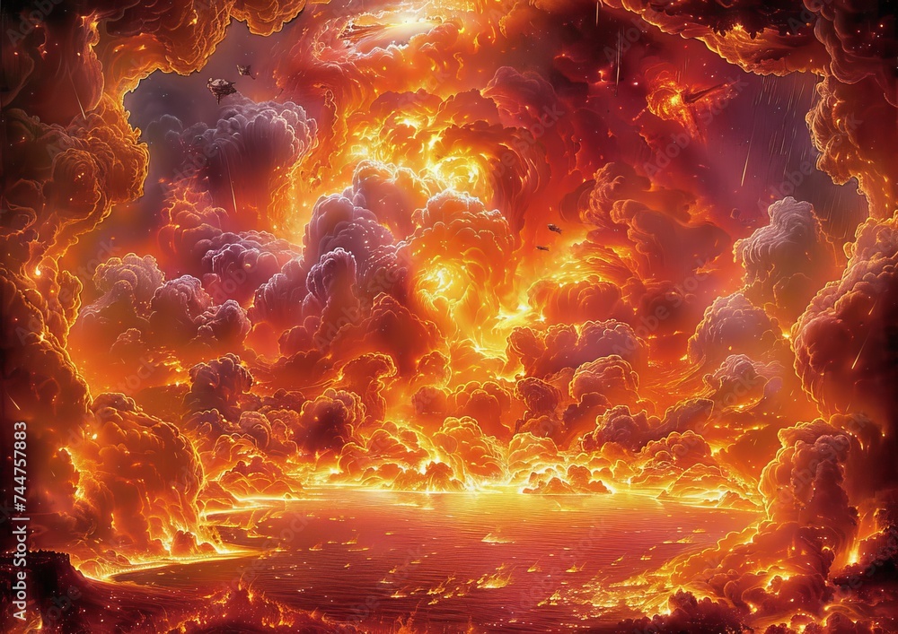 Cataclysmic Sky Ablaze, End of Days Scenario with Fiery Clouds and ...