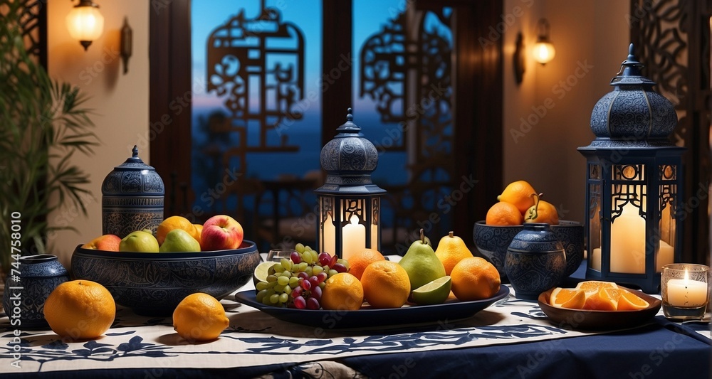 Craft a visually immersive composition featuring a sahur table adorned ...