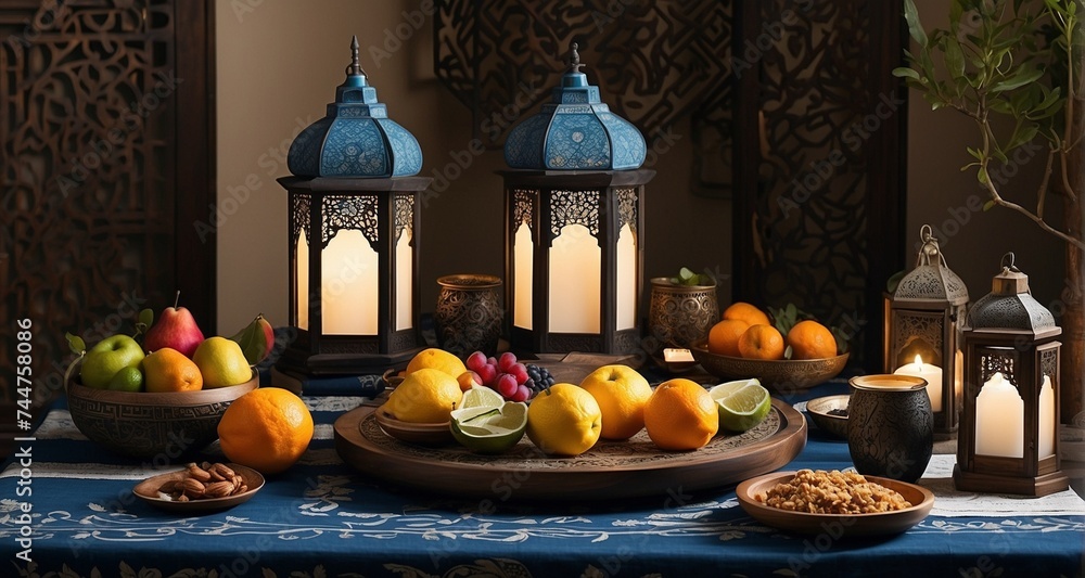 Craft a visually immersive composition featuring a sahur table adorned ...