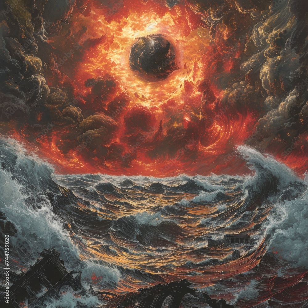 Apocalyptic Vision with Black Hole Engulfing Fiery Sky and Roaring Sea ...